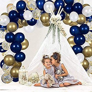 Navy Blue and Gold Confetti Balloons Party Decoration Supplies 70pcs 12 inch Gold Metallic Pearl White Balloons for Navy Party, Baby Shower, Wedding, Graduation, Birthday, with 2 Strips, 2 Foil Ribbon