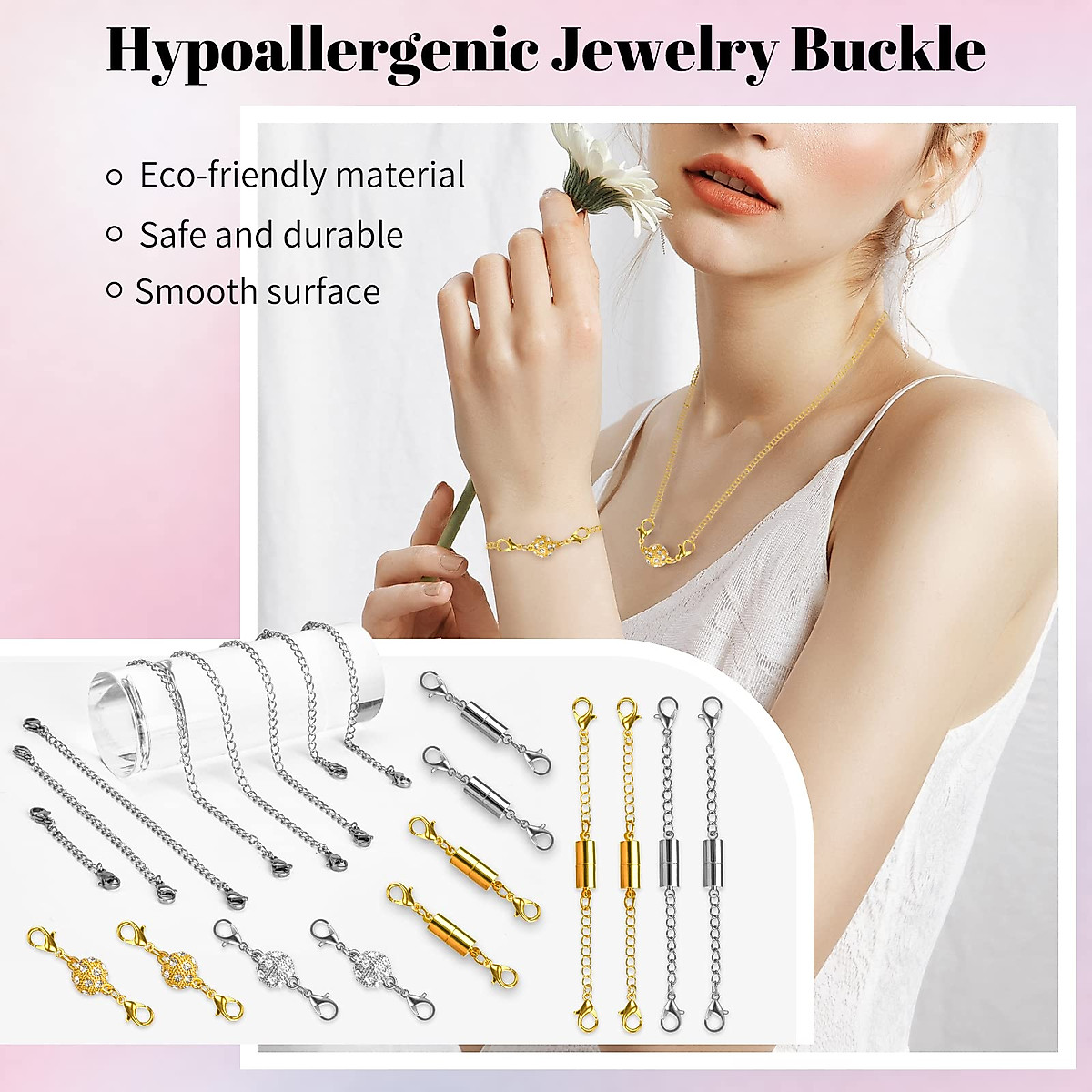 Beinhome 22Pcs Magnetic Jewelry Clasps and Necklace Extenders Gold Silver, Multiple Sizes and Styles Chain Extenders Magnetic Clasps