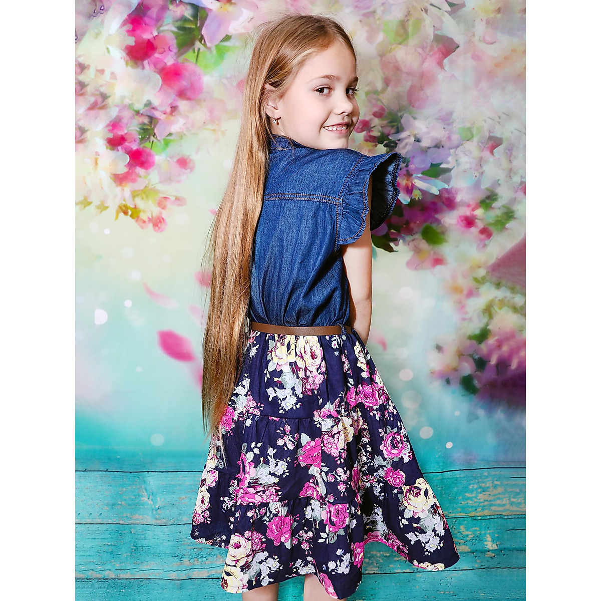 YJ.GWL Western Dress Girl, Denim Tops Flower Girl Dress, Princess Dresses for Girls, Girls Summer Dress Casual Outfits, Party Dresses Fashion Clothes for Girl 7-8 Years