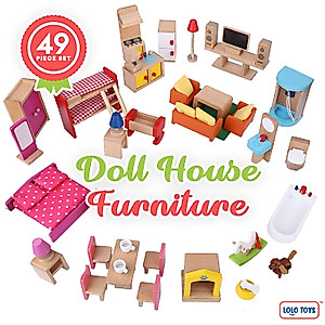 Premium Wooden Dollhouse Furniture Set –49PCS, 7 Rooms– Doll House Furniture and Accessories Set