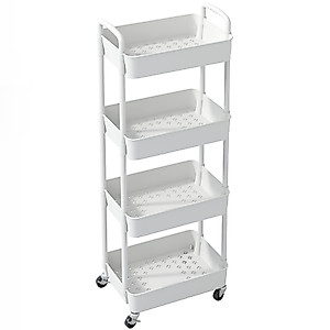 Sywhitta 4-Tier Plastic Rolling Utility Cart with Handle, Multi-Functional Storage Trolley for Office, Living Room, Kitchen, Movable Storage Organizer with Wheels, White