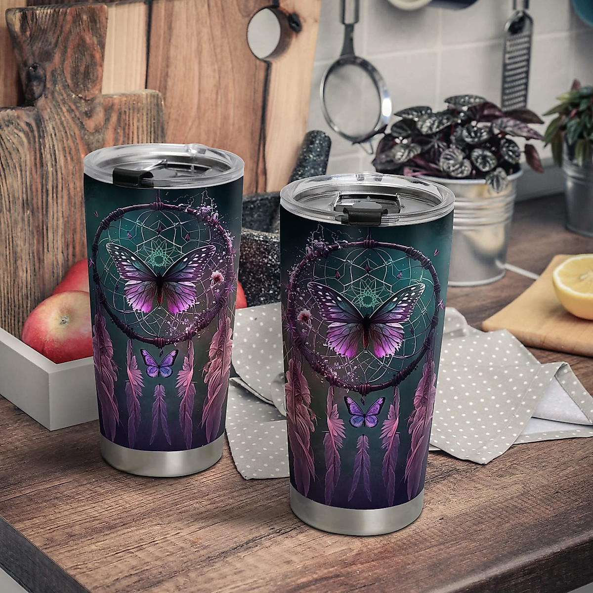 20oz Purple Dreamcatcher Butterfly Tumbler Cup, Insulated Travel Cup with Lid, Coffee Thermos for Women, Gifts for Women, Birthday Gifts for Mom, Daughter, Sister, Friends, Girlfriends, Coworker