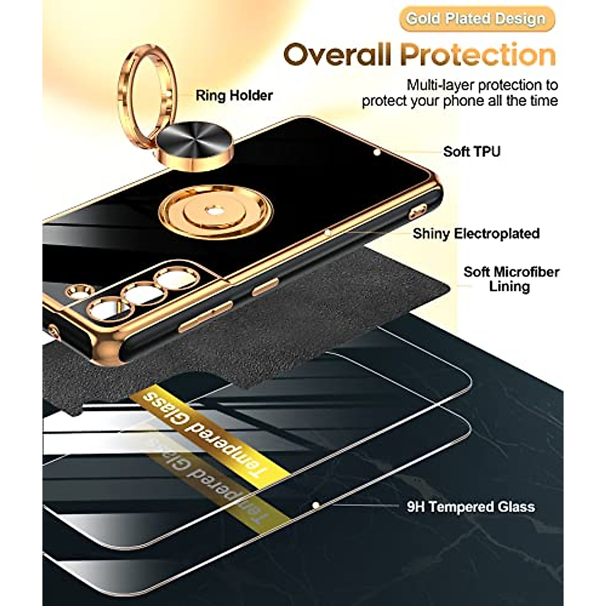 LeYi for Samsung Galaxy S21 FE 5G Case: with Tempered Glass Screen Protector [2 Pack] 360° Rotatable Ring Holder Magnetic Kickstand, Plating Rose Gold Edge Protective Case, Black