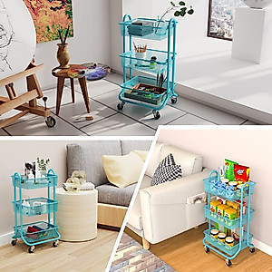DESIGNA Metal Utility Cart, 3 Tier Mesh Rolling Storage Cart with Handle and Lockable Wheels,Easy Assembly Craft Carts for Kitchen,Bathroom,Office,Turquoise