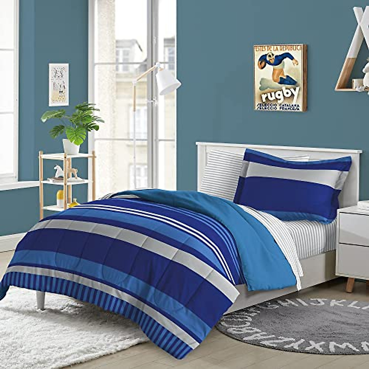 Dream Factory Kids 5-Piece Complete Bed Set Easy-Wash Super Soft Microfiber Comforter Bedding, Twin, Blue Rugby Stripe, (2D872701BL)