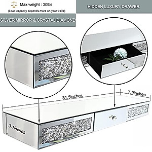 Mirrored Furniture Wall Shelf with Drawer, Crystal Diamond Floating Showcase, Silver Mirror Crushed Diamond Decorative Dressing Table, Gorgeous Bling TV Set, Wall Art Décor,31.5" L×7.9" W×3.1" H