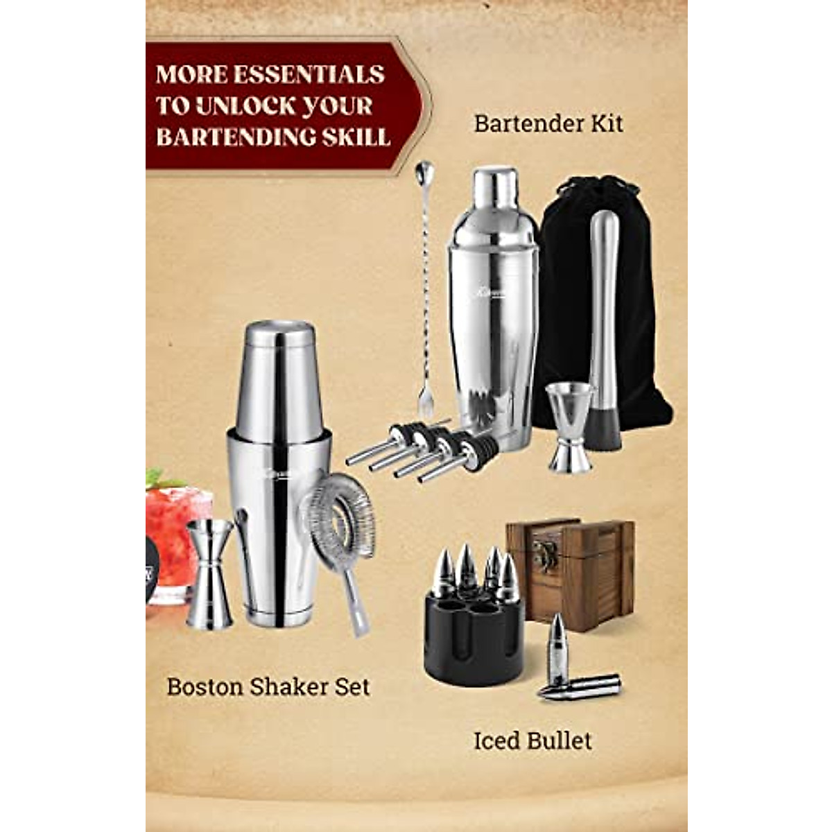 Cocktail Shaker Set | KITESSENSU Drink Mixer | 10-Piece Bartender Kit: 24 Ounce Margarita Shaker, Double Jigger, Muddler, 4 Liquor Pourers, Alcohol Mixer Spoon, Velvet Bag, Recipes Booklet - Silver