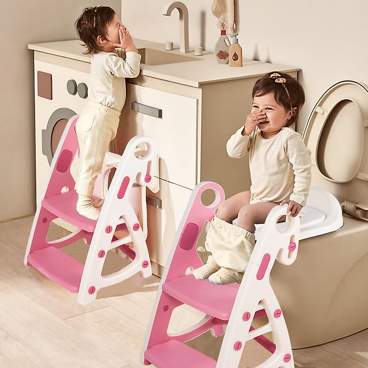 Potty Training Seat & Toddler Step Stool, Ultimate Stability Toddler Toilet Seat, Adjustable Step & Seat Height Potty Seats for Toddlers Girls(Pink)