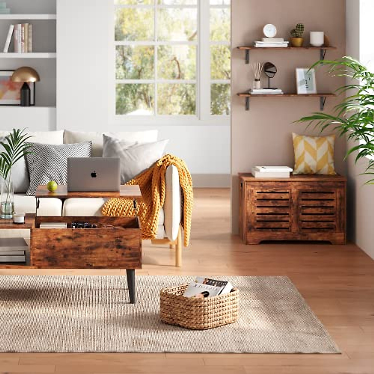 DINZI LVJ Wall Shelves, 23.6 x 7.9 x 6.0 Inch Floating Shelves for Wall, Set of 2, Easy-to-Install Wall Storage Ledges with Sturdy Metal Brackets for Living Room, Bathroom, Kitchen, Rustic Brown