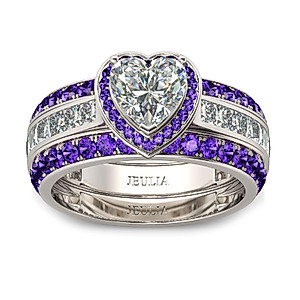 Jeulia Engagement Interchangeable Ring Set for Women Heart Cut Sterling Silver Wedding Promise Brilliant Classic Band Fashion Anniversary Rose Gold Halo Diamond Bridal with Jewelry Box (Purple, 12)