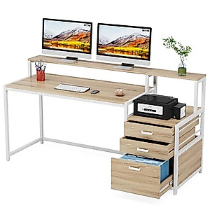 LITTLE TREE 63 Inch Computer Desk with File Drawer Cabinet, Home Office Desks with Ergonomic Monitor Stand