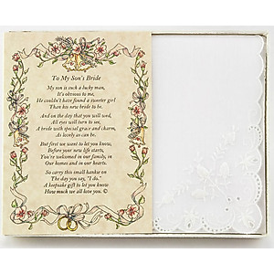 Wedding Handkerchief Poetry Hankie (Groom’s Mother to Bride) White, Lace Embroidered Bridal Keepsake, Beautiful Poem Card | Long-Lasting Memento for The Bride | Includes Gift Storage Box