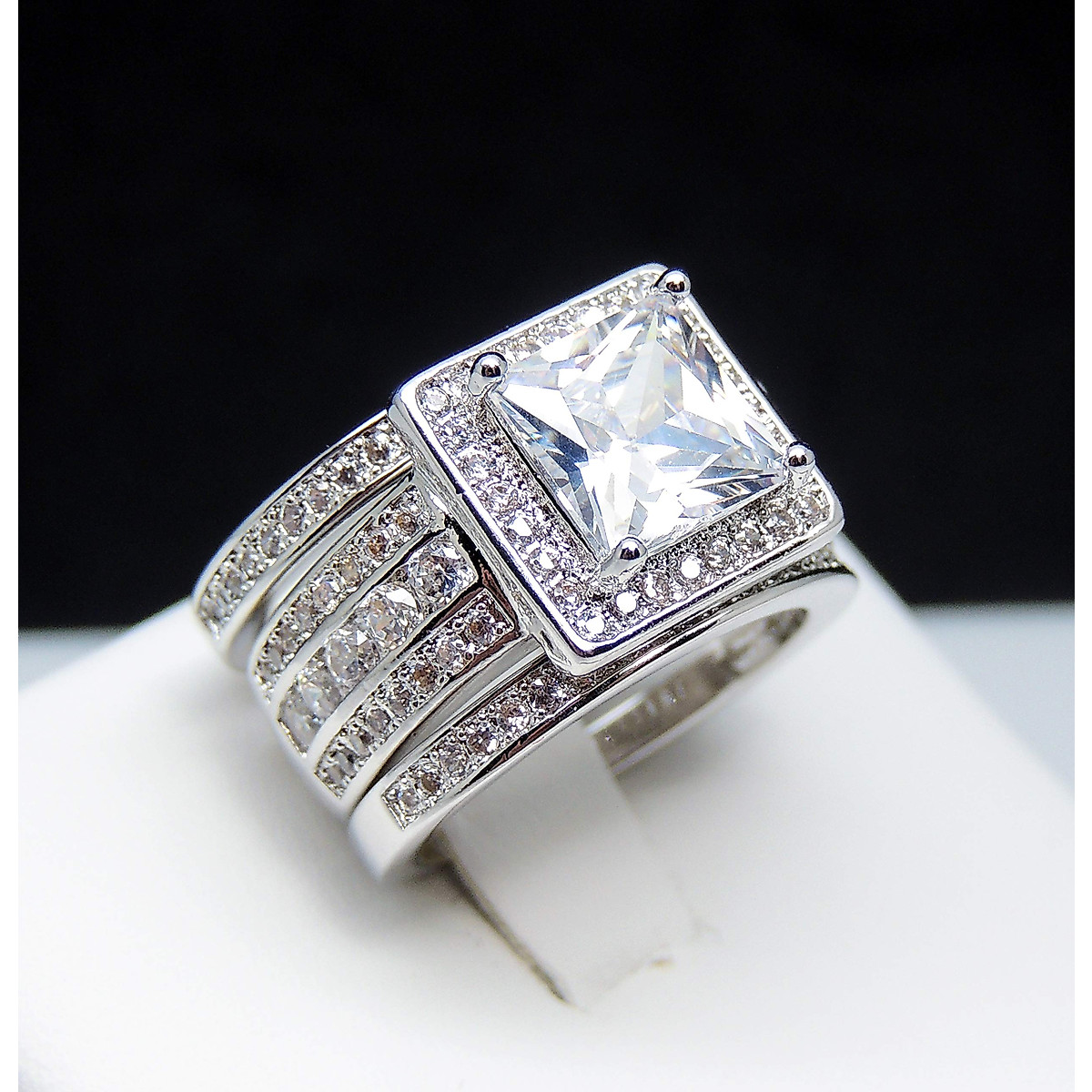 Beverly Bridal Wedding Ring Set 3 Piece Engagement Ring for Women Two Matching Anniversary Bands Sterling Silver Square Halo Design Cubic Zirconia Princess Cut Center Stone