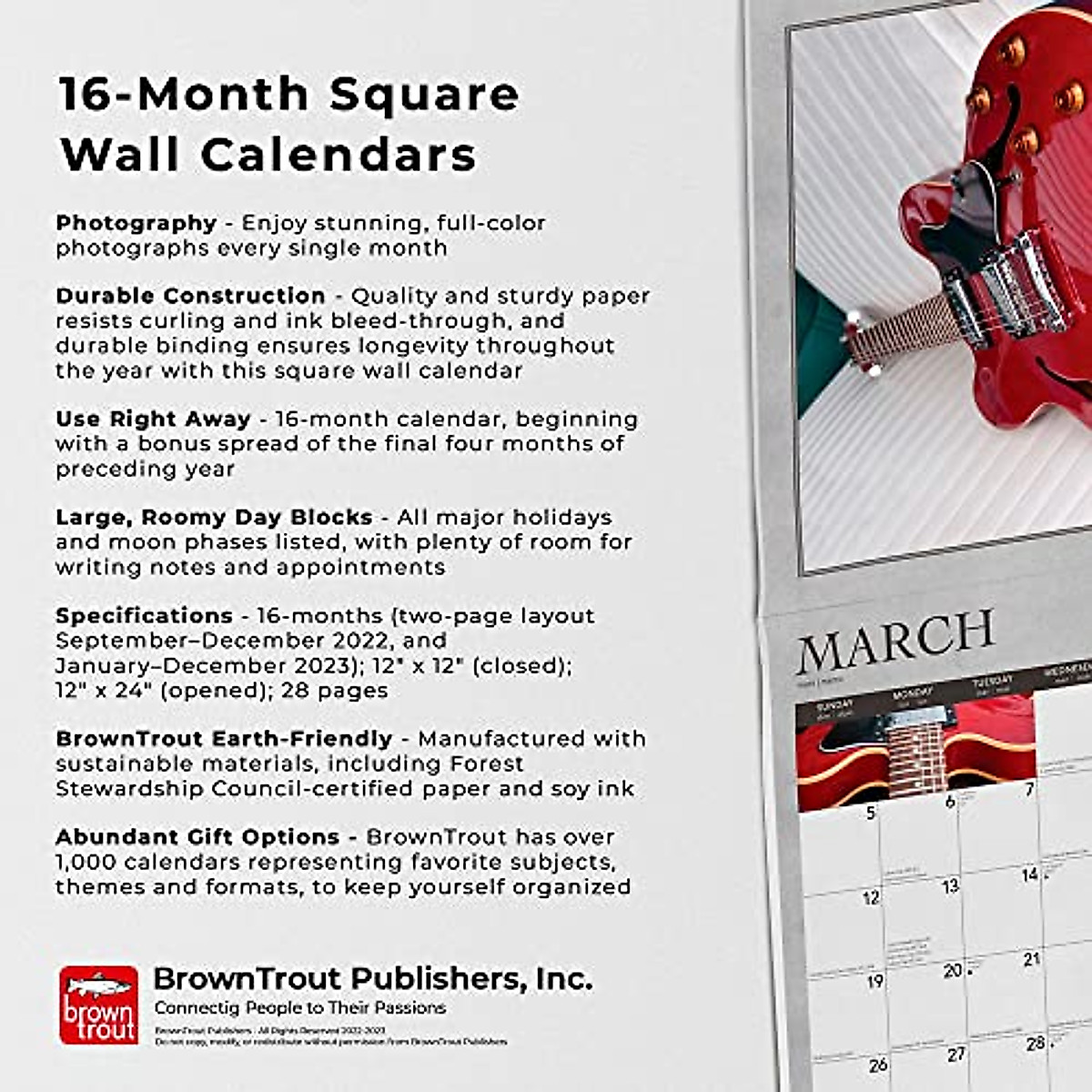 Vintage Guitars | 2023 12 x 24 Inch Monthly Square Wall Calendar | Foil Stamped Cover | BrownTrout | Instrument Classic