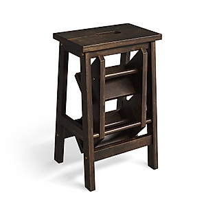 Giantex Folding 3 Tier Step Ladder, Multifunction 3-in-1 Wood Step Stool with Anti-Slip, Convenient Handle, Display Ladder and Storage Shelf for Library, Home Kitchen, Household Work, Garage (Brown)