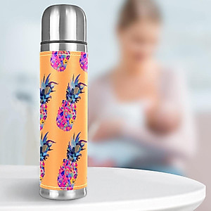 Stainless Steel Leather Vacuum Insulated Mug Pineapple Thermos Water Bottle for Hot and Cold Drinks Kids Adults 16 Oz