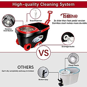 Hardwood Floor Wet Dry Mop,Tsmine Floor Mop Dust Mop Commercial Mop, Spin Mops for Floor Cleaning Mop and Bucket with Wringer Set with 6 Replacement Mop Heads & 1 Cleaning Brush for Hardwood Laminate