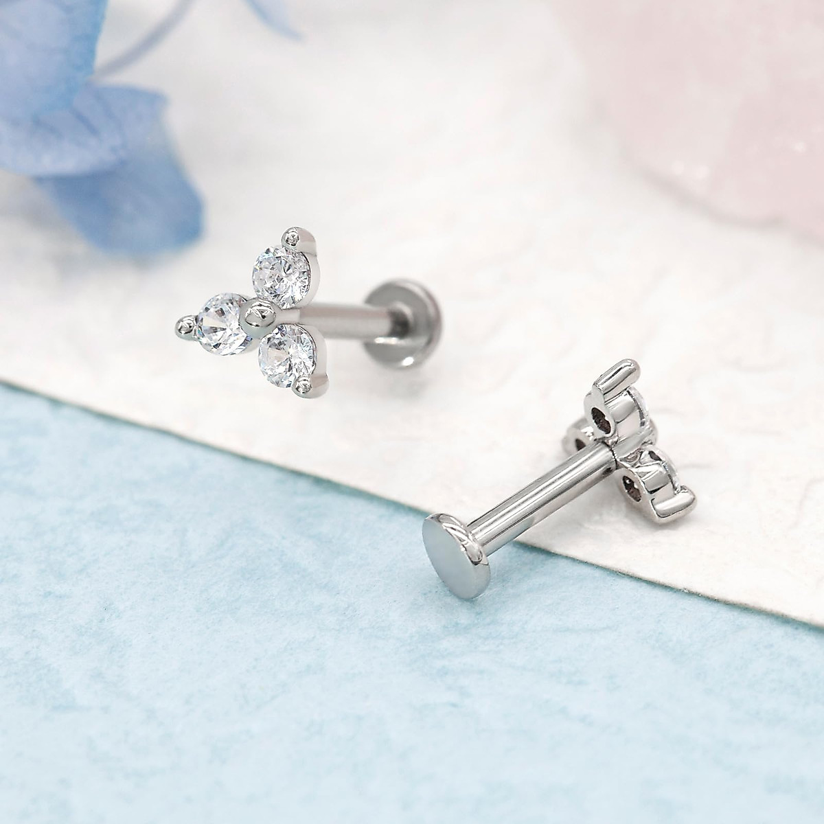 Designfy 14K White Gold Threadless Earring Top Push in Triple Clear CZ Flat Back Nose Stud Threadless Cartilage Earring Helix Stud Tragus Piercing Jewelry for Women Men 6mm