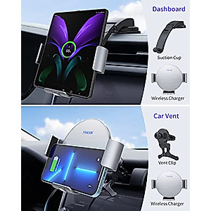 MAKAQI Wireless Car Charger for Galaxy Z Fold 4/3/2, Dual Coil Auto Clamping Wireless Car Charger Mount for iPhone 14/13/12/11 Pro Max/X, Fast Charging Car Holder for Galaxy Z Fold