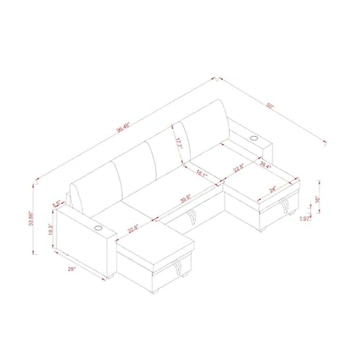 Ball & Cast 96.5" Convertible Sectional Pull Out Couch with Double Storage Chaise&Cup Holders, 4 Seat U-Shaped Sleeper Sofa-Bed w/Removable Cushions for Living Room Apartment Small Spaces, Dark Gray