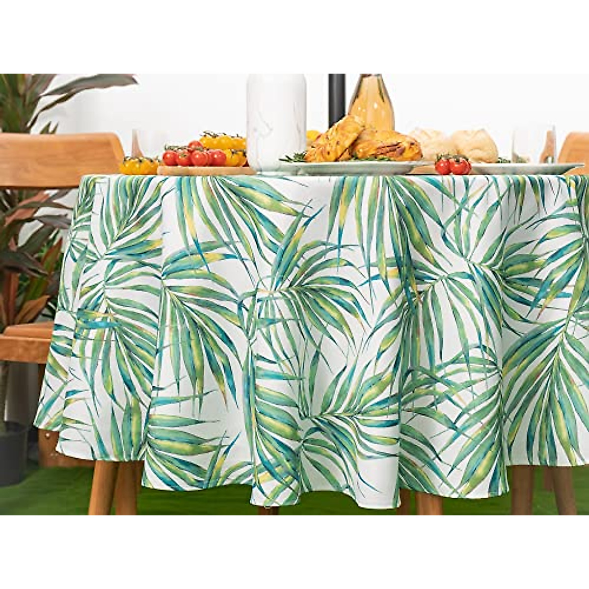 YiHomer Spring & Summer Outdoor Table Cloth - 70 Inch Round Tablecloth - Waterproof Wrinkle Free Table Cover with Zipper and Umbrella Hole, Palm Leaves Dream