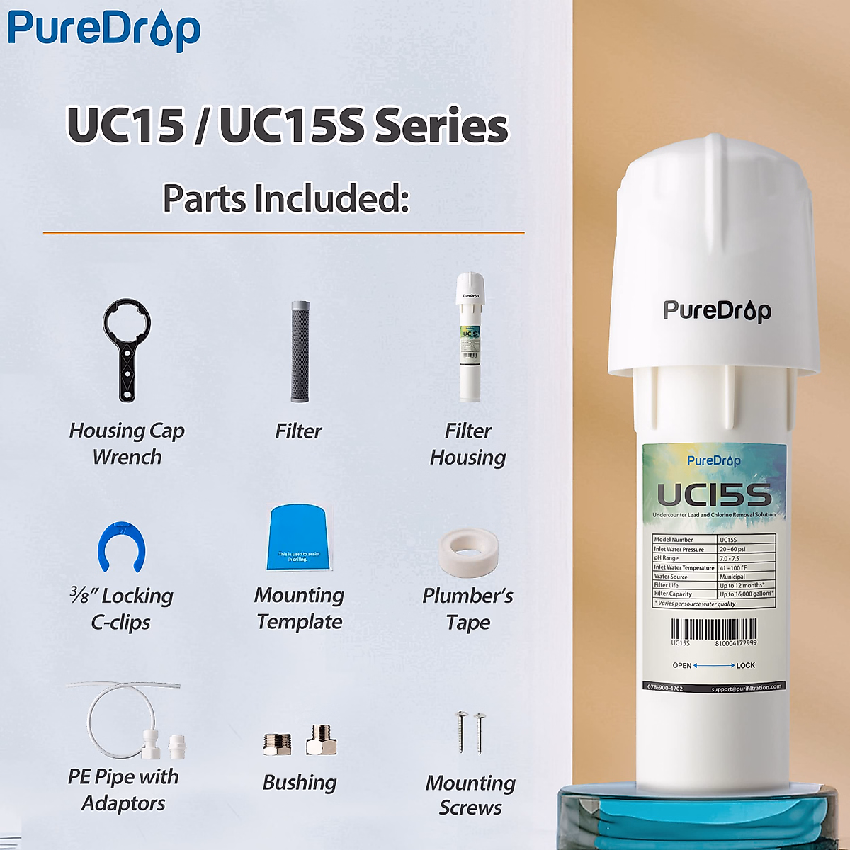 PureDrop UC15S Under Sink Water Filter, 16K Gallons Capacity Water Filtration System, Direct Connect to Kitchen Sink Faucet, Drinking Water Filter Reduces Chlorine