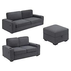 VanAcc Sofa, 2 Piece Set with Storage Ottoman, Modern Couches with Cup Holders & USB Charging Ports, 3 Seater Sofa and Loveseat- Charcoal Grey Chenille Couches for Living Room