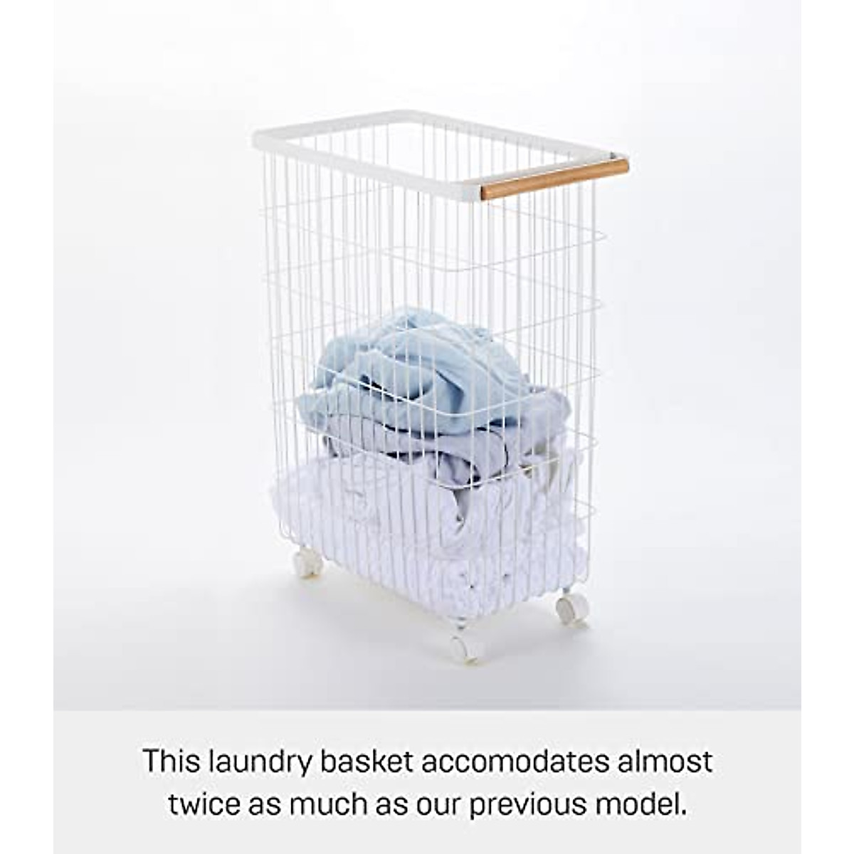 Yamazaki Home Wire Slim Saving Rolling Wheeled Clothing Hamper | Steel + Wood | Laundry Basket, One Size, White & Tower Sanitary Step Trash Can, One Gallon ?€? Small Home Waste Bin