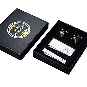 LOYALLOOK 4Pcs Stainless Steel Engraved Initial Cufflinks and Tie Bar Money Clip Set Personalized Button Shirt Initials Tie Clip Alphabet Letter A-Z for Best Man Groom Wedding Business Letter J