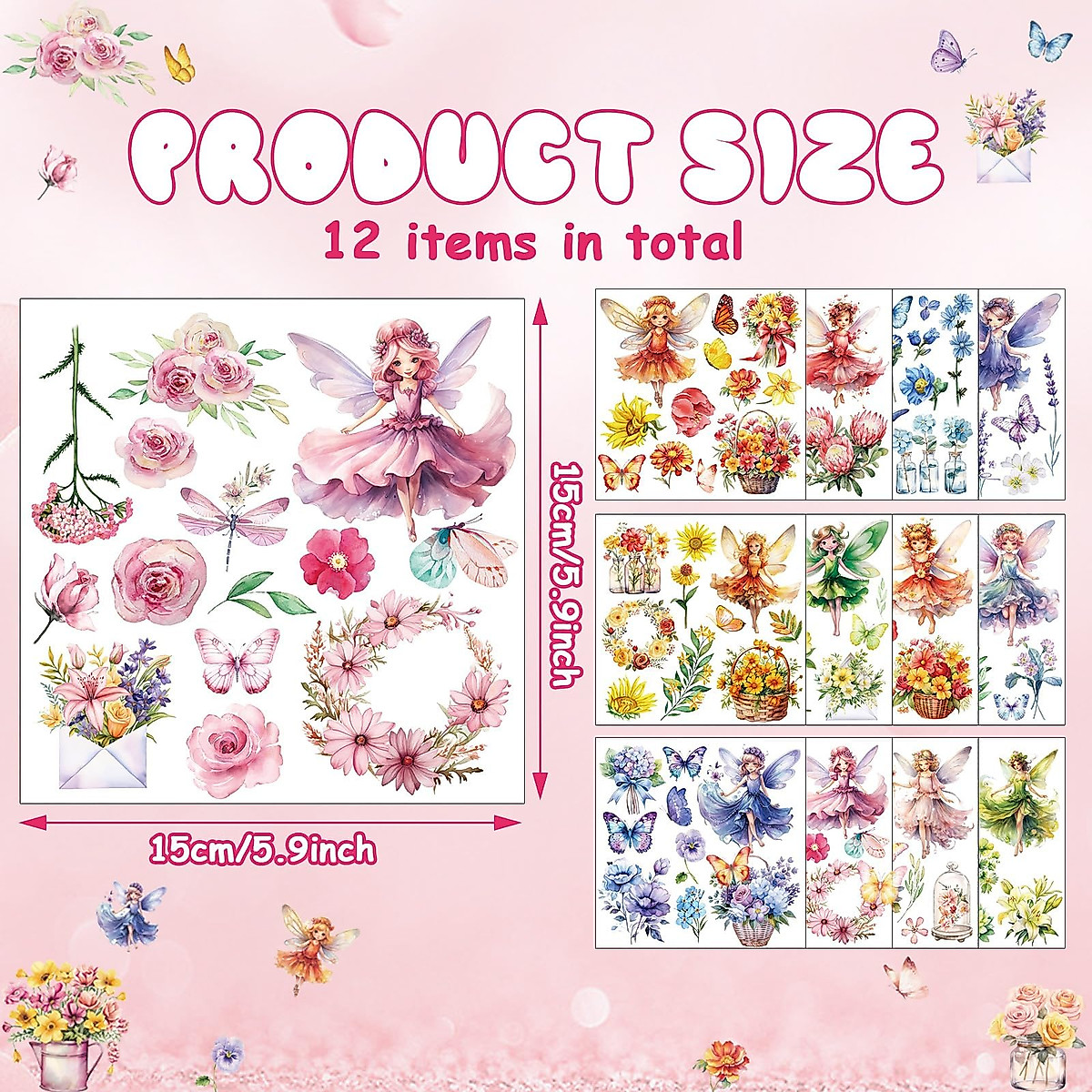 gisgfim 12 Sheets Rub on Transfers for Crafts and Furniture Fairy Rub on Transfers Stickers Fairy Flower Rub on Decals Decor for Spring Home Office Paper Wood DIY Craft, 5.9 x 5.9 Inch