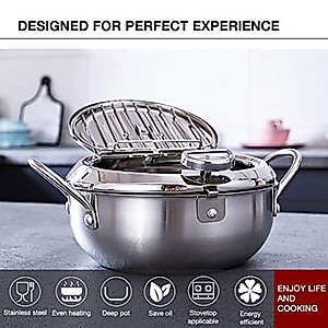 EAMATE Tempura Fry Pot, Stainless Steel Tempura Deep Fryer with Thermometer, 8 Inches, Mini Size Perfect for 2-3 People