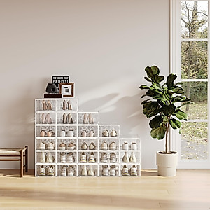 Pinkpum Storage Organizer, 12 Pack Large Shoe Boxes Clear Plastic, Foldable Sneaker Containers Stackable Storage Bins Closet Case Holder