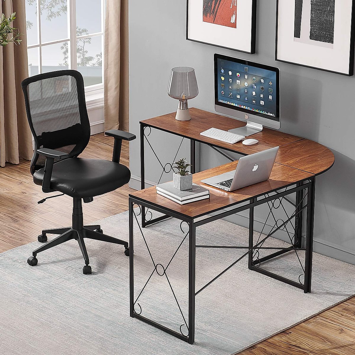 VECELO L Shaped Computer Corner Desk, 59’’x59’’ Large Industrial Home Office Workstation, Multi-Usage Long 2 Person Table, Easy Assembly/Saving Space, Steel Frame&Wooden Grain, Brown