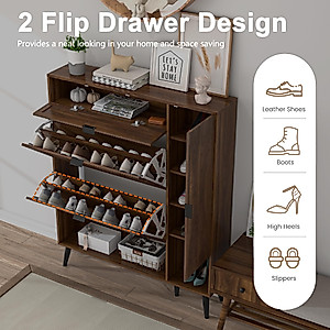 Shoe Storage Cabinet with 2 Flip Drawers Narrow Shoe Cabinet with Doors Freestanding Shoe Organizer Cabinet with Adjustable Shelf Slim Hidden Cabinet for Entryway (Walnut)