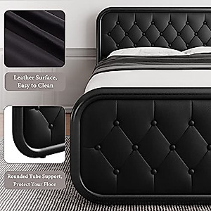 iPormis Queen Size Metal Bed Frame with Leather Headboard, Heavy-Duty Platform Bed Frame, Thicker Metal Steel Slats Support, 12'' Under-Bed Space, Noise-Free, Easy Assembly, Black
