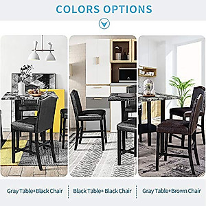 5-Piece Dining Table Set with Bottom Shelf, Faux Marble Counter Height Kitchen Table with Matching 4 PU Leather Chairs, Dining Table Set for Kitchen Living Room (Black Chair+Gray Table)