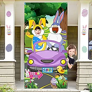 Easter Party Decorations Bunnies in Motion Photo Door Banner, Large Fabric Easter Backdrop Photo Door Banner Background, Funny Egg Hunt Game Supplies for Easter Party Decorations, 6 x 3 Feet