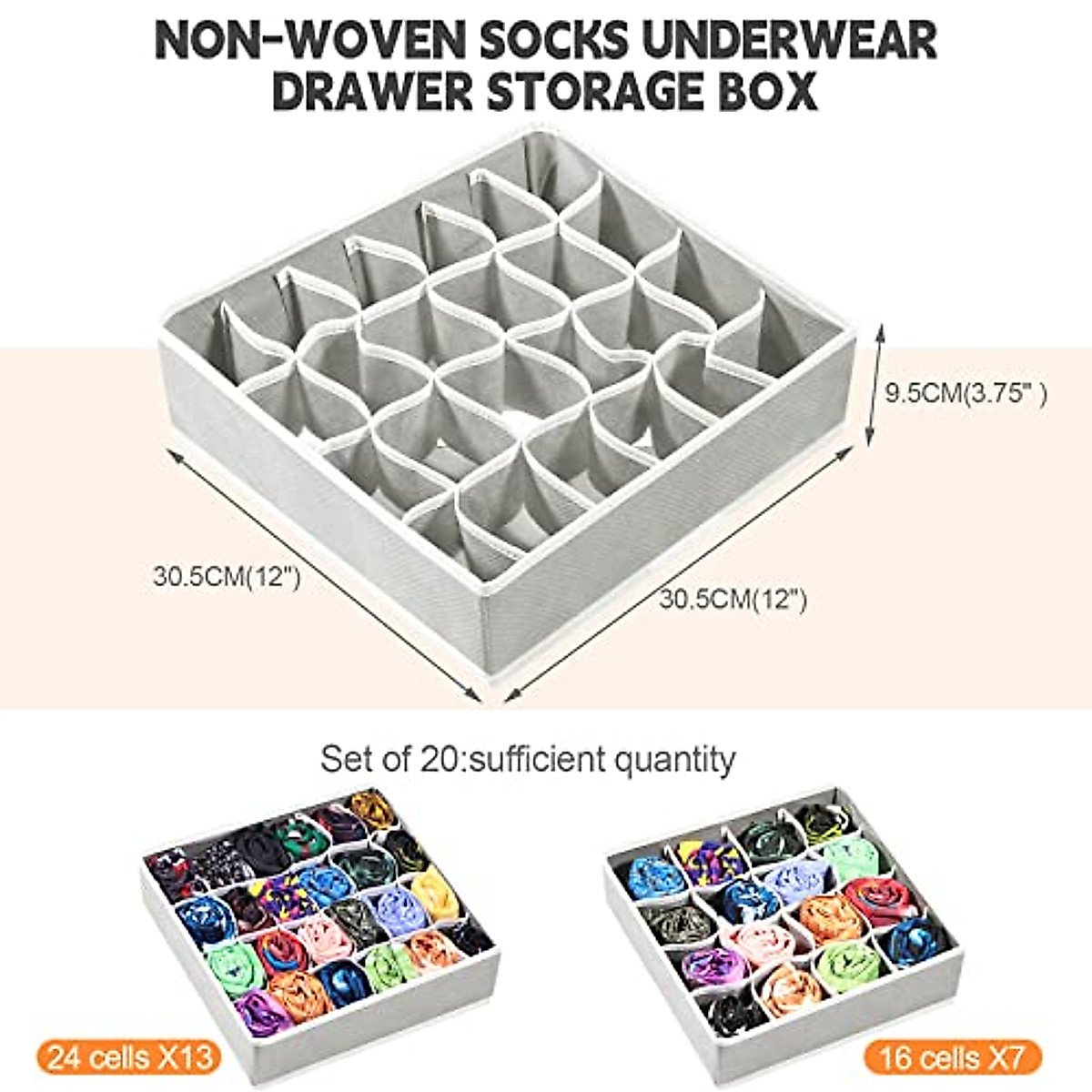 Nuanchu 20 Pack Socks Underwear Drawer Organizer Dividers (24+16 cells) Foldable Dresser Drawer Organizers Fabric Closet Drawer Organizers Storage Boxes for Socks Underwear Panties Ties Lingerie, Gray