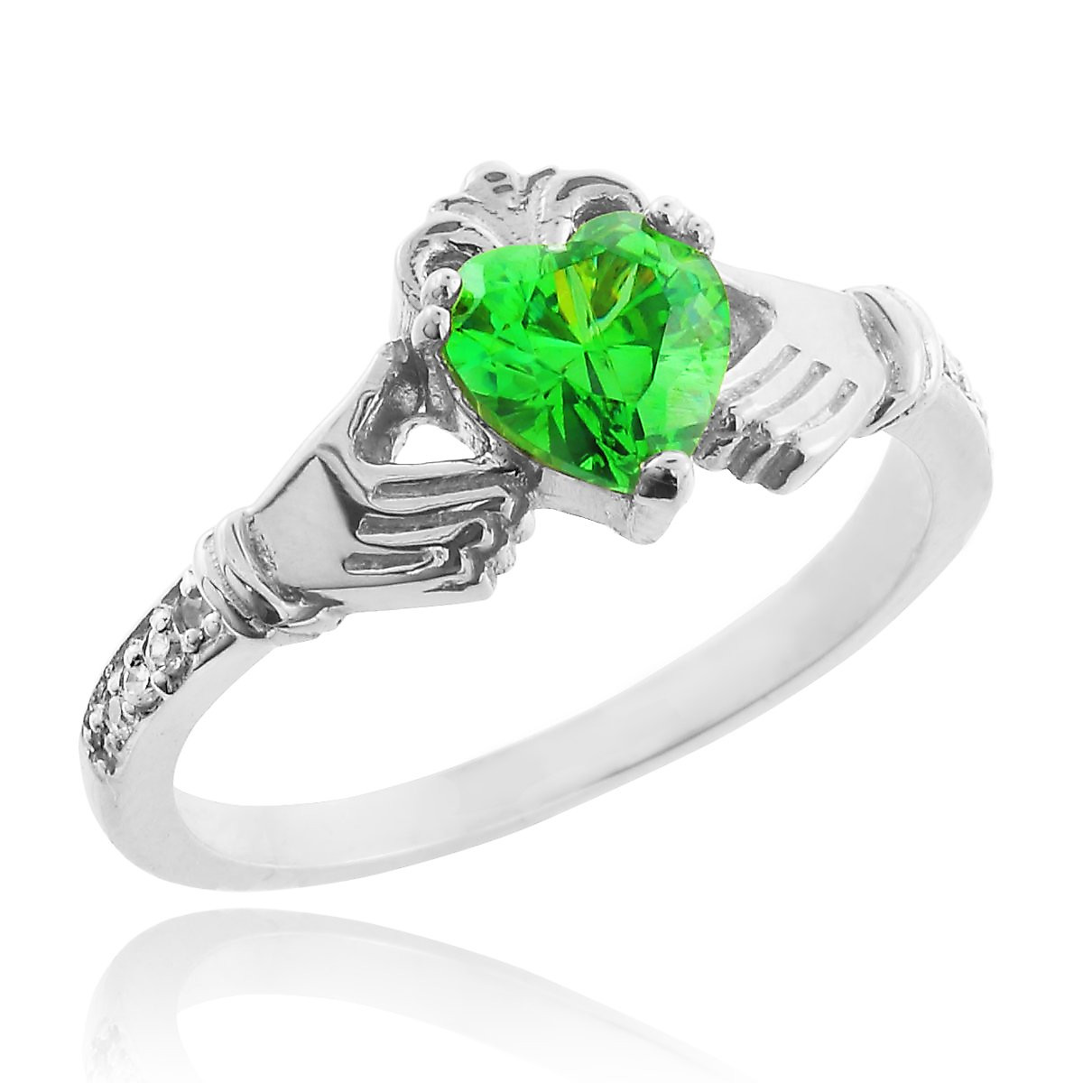 14k White Gold Emerald Green Heart CZ May Birthstone Claddagh Ring with Natural Diamonds (Size 6)