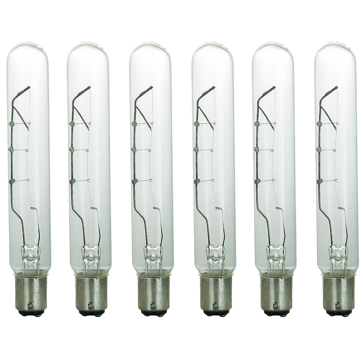 Sunlite 41666 Incandescent T6.5 Tubular Light Bulb, BA15D Double Contact Bayonet Base, 25 Watts, 170 Lumens, Dimmable, Mercury Free, 2600K Warm White, Clear Glass, 6 Count