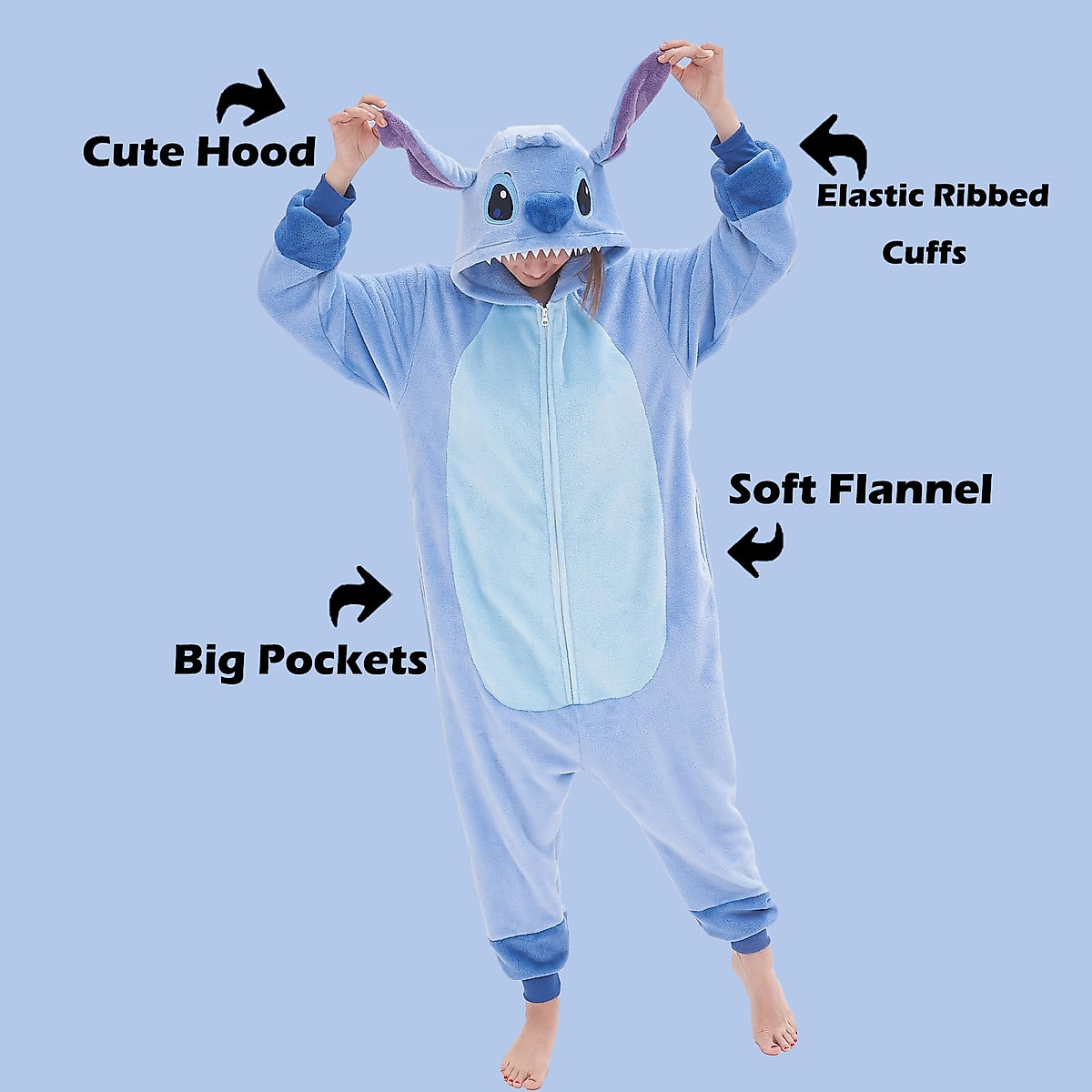 GONAAP Unisex Adult Stitch Onesie Pajamas Animal One Piece Costume Cosplay Sleepwear (Stitch, 9-10Years)