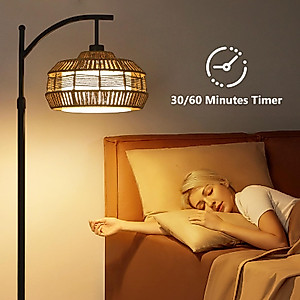 LAMSU Arc Floor Lamp with Remote Control, Boho Rattan Floor Lamps, Dimmable Farmhouse Standing Lamp with Bulb, Rattan Fabric Double Shades, Rustic Adjustable Tall Lamps for Living Room Bedroom Office