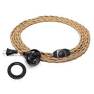 Vintage Plug in Hanging Light Kit, DORESshop Vintage 15FT Twisted Hemp Rope Pendant Light Cord Kit with Dimmer Switch, Industrial Pendant Lighting E26 Socket for Pendant Lamp Farmhouse Lamp Cable DIY