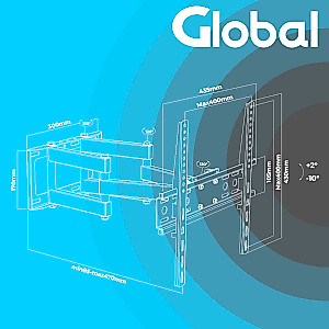 Global Electronics Wall Mount TV and Monitors, Mount Double Arm, Bracket Full, Motion with Long Arm for Corner/Flat Installation fits 30 to 60" Flat/Curve TVs, Mount VESA 400x400mm, Tv Stand