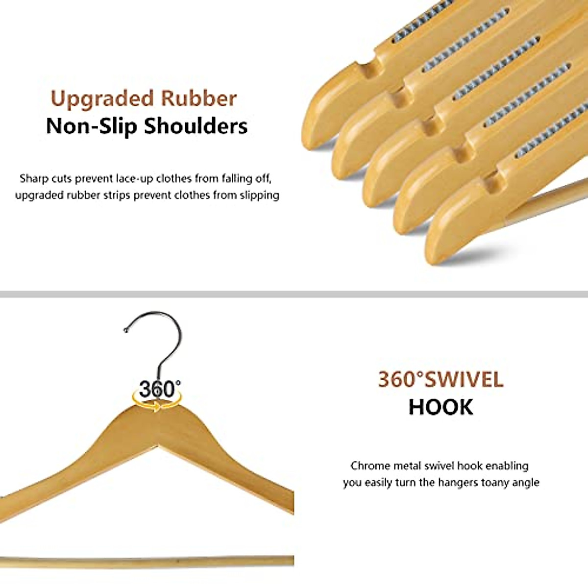 DEDU Wooden Hangers with Shoulder Grooves 24 Pack, Wooden Coat Hangers for Closet Heavy Duty with Non Slip Strip, Suit Hangers with Pant Bar 360° Swivel Hook for Shirt, Weeding Dress, Pants (Natural)