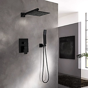 Qomolangma 10 inch Rain Shower System, Black Shower Faucet Set with Pressure Balance Valve, Wall Mounted 2-Functions Bathroom Shower Systems with Rain Shower and Handheld Spray Shower Trim Included