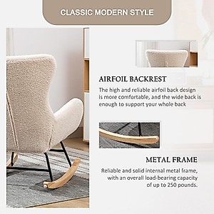 FENFSHE Nursery Rocking Chair with High Backrest and Armrests, Teddy Velvet Upholstered Baby Rocking Chair for Baby Nursery,Living Room,Bedroom (Beige)