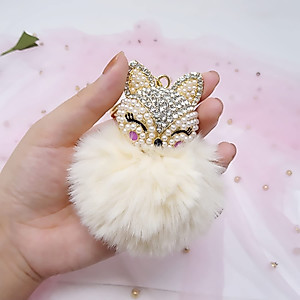 Honbay Faux Rabbit Fur Fluffy Keychain Fashion Fox Head Alloy Keychain Sparkly Rhinestone Car Keychain (Beige)