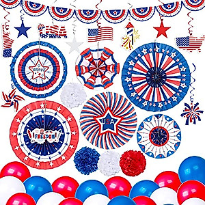51PCS 4th/Fourth of July Decorations Set - Includes Patriotic Paper Fans,Pom Poms,Banner,Hang Swirls,Balloons - Red White Blue Memorial Day Party Decor Supplies