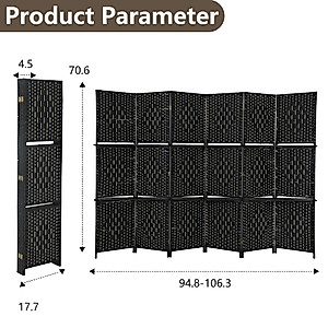 Room divider 6 panel room screen divider wooden screen folding portable partition screen wood with removable storage shelves colour，Black